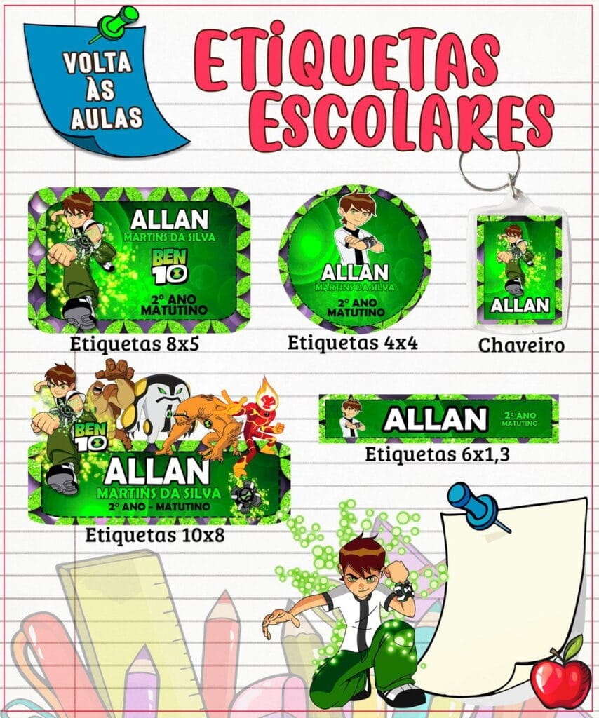 Etiqueta Escolar Ben 10 Arquivo Digital PNG Studio