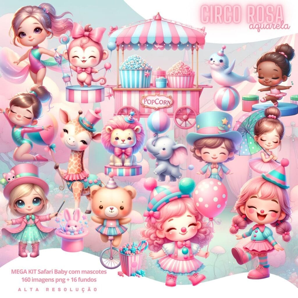 Ilustrações Circo Rosa Menina Png Baby Fofo Aquarela • DMK Studio