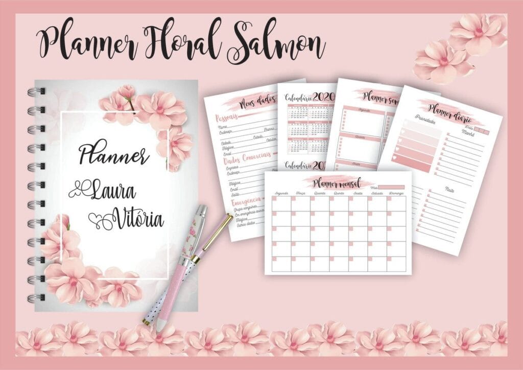 Planner Floral Salmao Digital Personalizado 2021